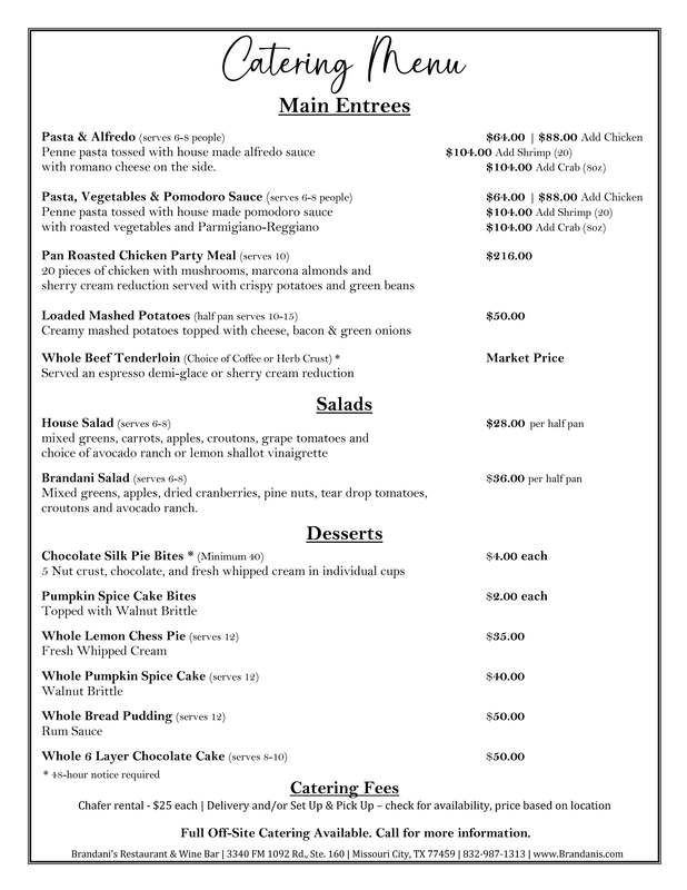 Catering & Large Orders - Brandani's Restaurant & Wine Bar