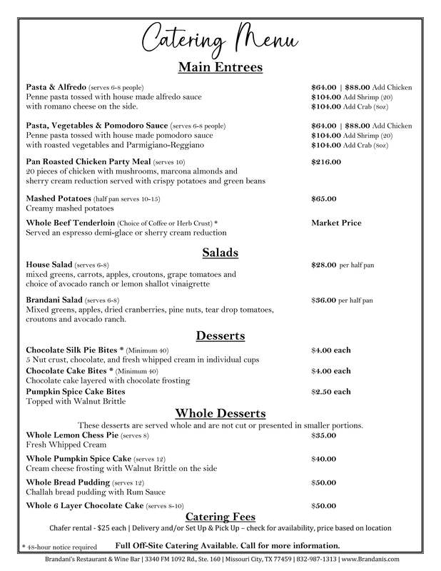 Catering & Large Orders - Brandani's Restaurant & Wine Bar